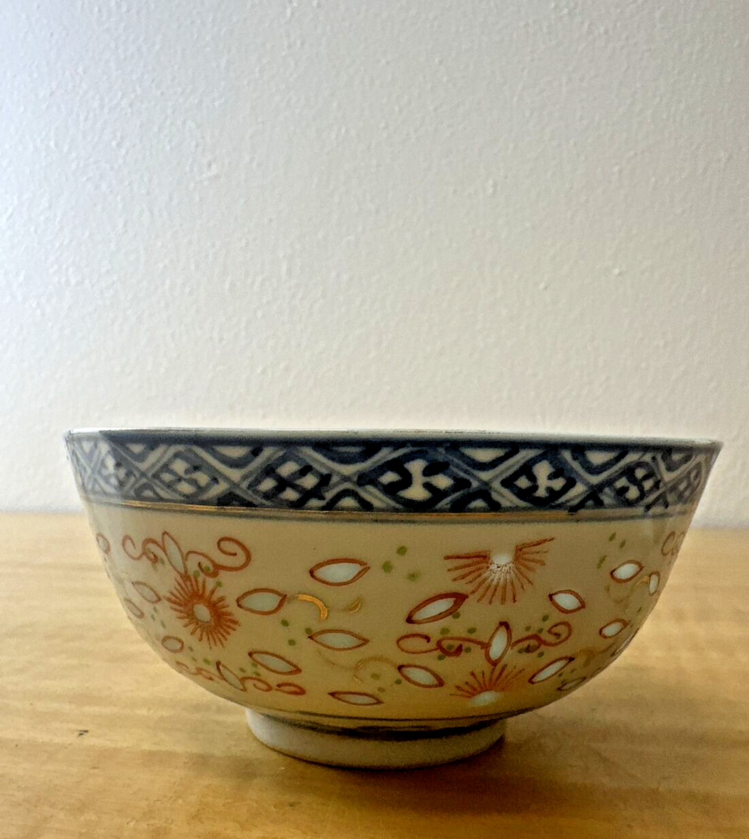 Antique Chinese Export Porcelain Blue White & Red Rice Bowl w/ Flower ...