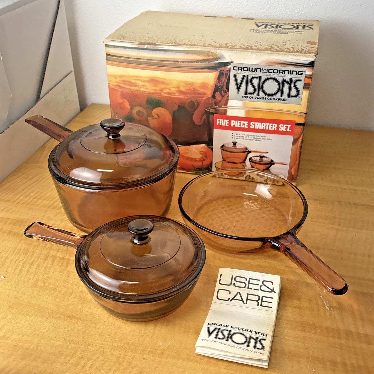 IN BOX - CROWN CORNING PYREX VISIONS 5-PIECE Amber COOKWARE STARTER SE ...