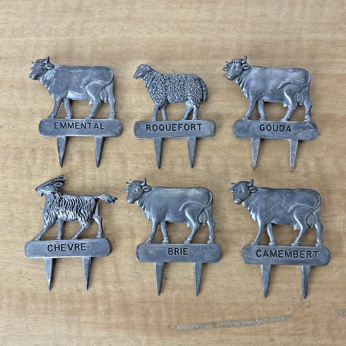 6 Silver Plate French Cheese Markers Silea Godinger Cow Goat Sheep Gou ...