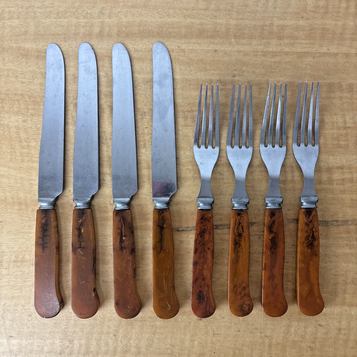G S C Co. Amber Bakelite Stainless Steel Set of 4 Knives + 4 Forks Ute ...