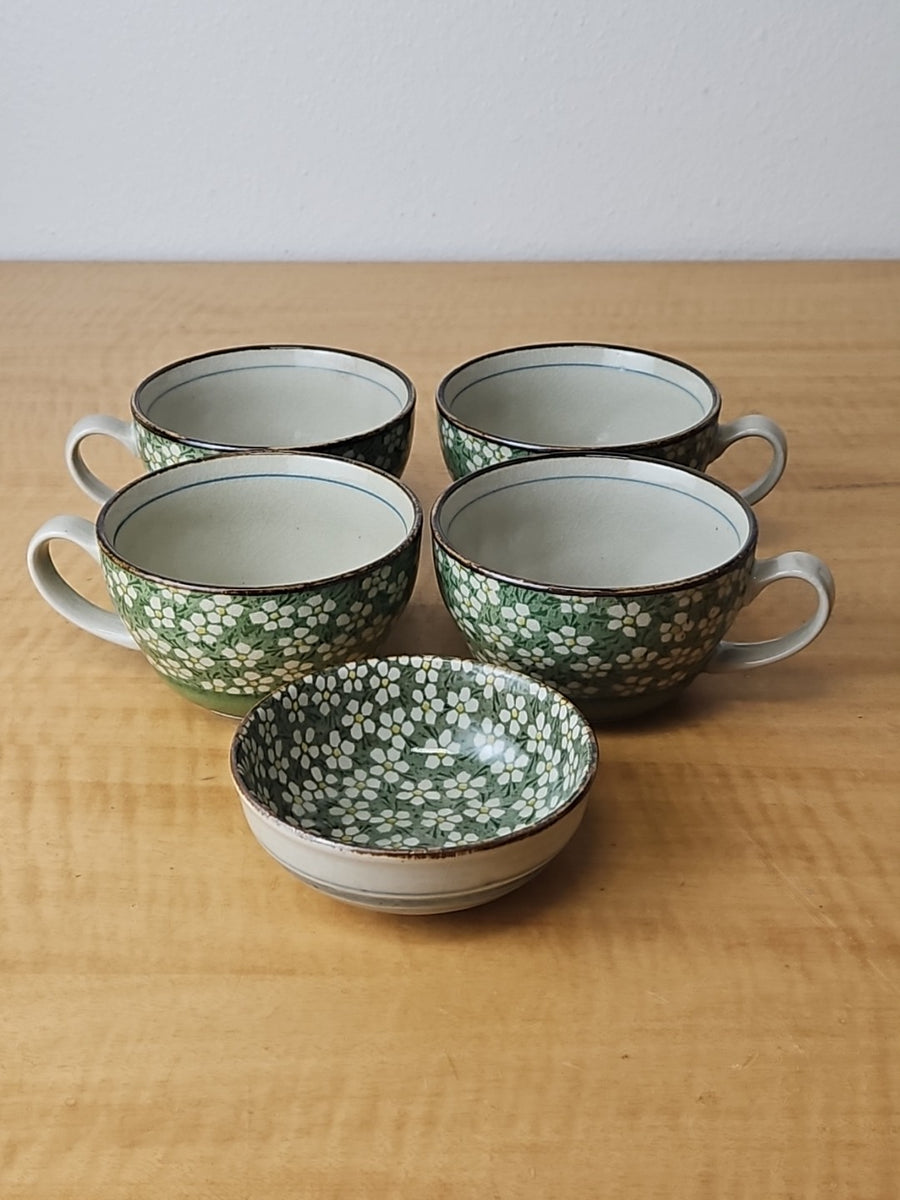 Sakura Japanese Cherry Blossom Tea Cups SET Of 4 with bowl, green, bro ...