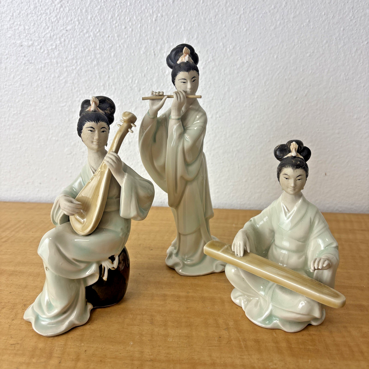 3 Chinese Celadon Porcelain Figurines Women Flute Pluck Pipa Qin Zithe ...